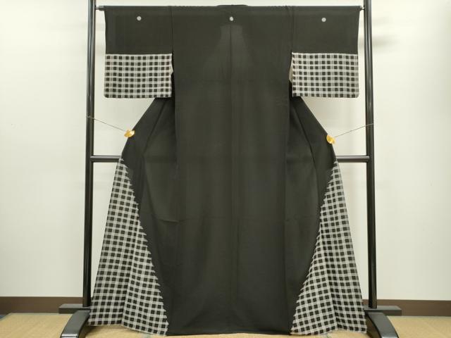 平和屋着物▽訪問着　単衣　格子柄　黒地　洗える着物　CAAV9483ze