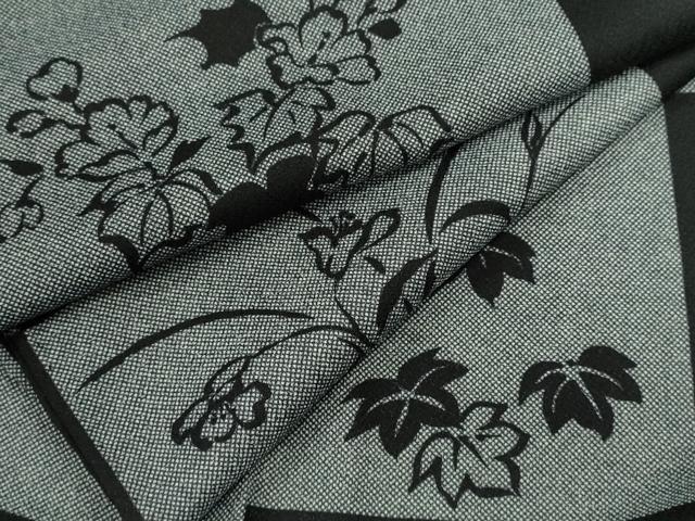 平和屋着物▽小紋　単衣　市松草花文　黒地　洗える着物　CAAV9545ze