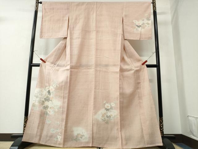 平和屋着物▽訪問着　単衣　生紬　手描き　牡丹菊文　正絹　逸品　未使用　CAAW0847ng