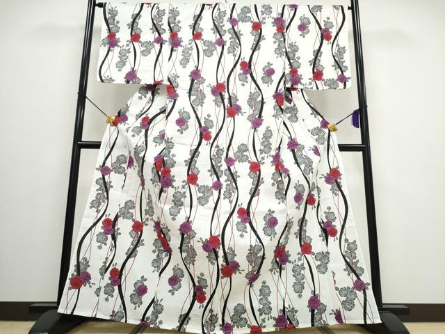 平和屋着物∴夏物　浴衣　薔薇　綿　逸品　未使用　CAAW0933ng