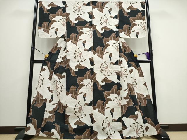 平和屋着物∴夏物　浴衣　百合　黒地　綿　逸品　CAAW0943ng