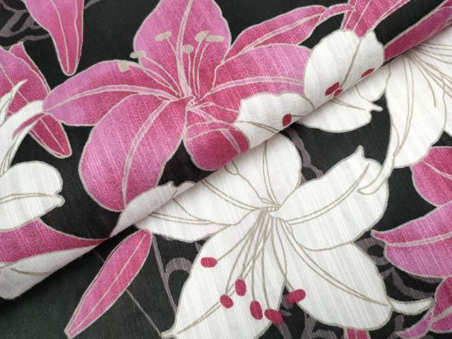 平和屋着物∴夏物　浴衣　百合　舞蝶文　黒地　綿　逸品　CAAW0946ng