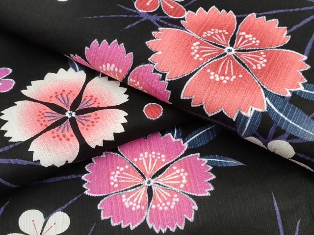平和屋着物∴夏物　浴衣　舞花文　黒地　綿　逸品　CAAW0955ng
