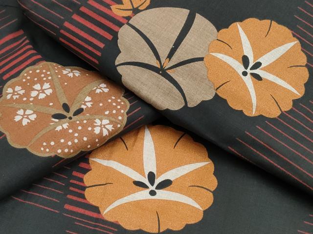 平和屋着物∴夏物　浴衣　朝顔　黒地　綿　逸品　未使用　CAAW0960ng