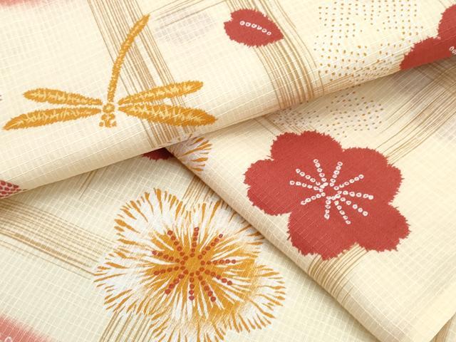 平和屋着物∴夏物　浴衣　綿紅梅　トンボ　蜻蛉　エ霞舞花文　綿　逸品　CAAW1053ng