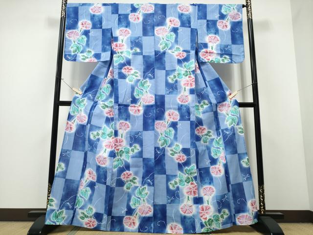 平和屋着物∴夏物 浴衣 朝顔 アサガオ 市松花文 暈し染め 逸品 CAAW1123ng