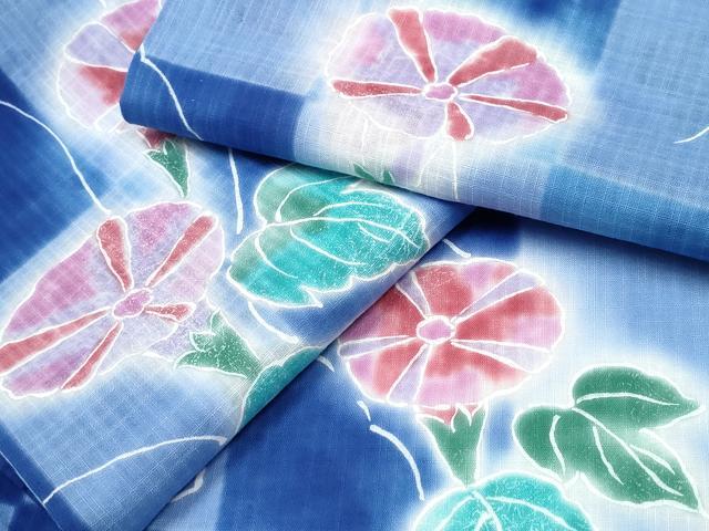平和屋着物∴夏物　浴衣　朝顔　アサガオ　市松花文　暈し染め　逸品　CAAW1123ng