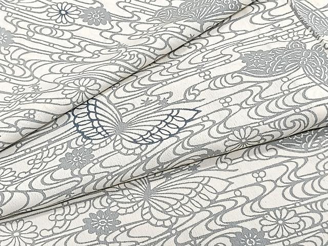 平和屋着物▽上質な小紋　単衣　型染め　流水花蝶文　正絹　逸品　CAAW1207xi