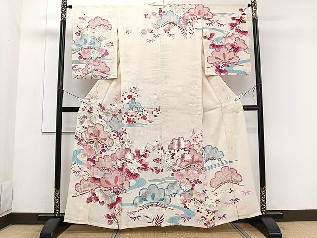 平和屋着物▽訪問着　単衣　駒刺繍　流水草花文　金彩　正絹　逸品　CAAW1234xi