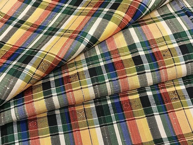 平和屋着物▽上質な紬　単衣　花織　格子柄　正絹　逸品　CAAW1332xi