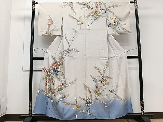 平和屋着物▽セミアンティーク　大正ロマン　訪問着　単衣　草花文　暈し染め　金彩　正絹　逸品　CAAW1362xi