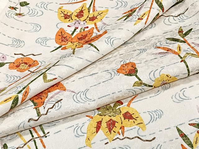 平和屋着物▽上質な小紋　単衣　流水草花文　正絹　逸品　CAAW1544xi