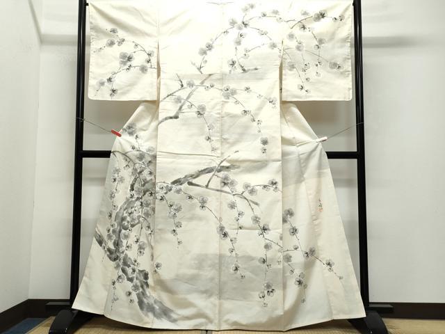 平和屋着物●訪問着　作家物　紬地　手書き　枝梅文　金彩　正絹　逸品　CAAW3648vf