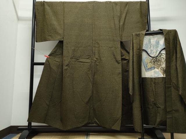 平和屋着物●男性　紬　髭紬羽織セット　媚茶色　キングサイズ　正絹　逸品　CAAW3738vf