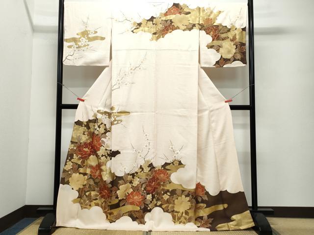 平和屋着物●訪問着　駒刺繍　エ霞草花文　金彩　正絹　逸品　CAAW3757vf