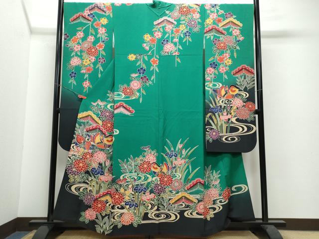 平和屋着物●豪華振袖　紅型　流水鴛鴦草花文　正絹　逸品　CAAW3790vf