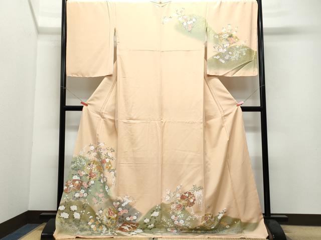 平和屋着物●訪問着　駒刺繍　雪輪地紙飛鶴草花文　金彩　正絹　逸品　CAAW3823vf
