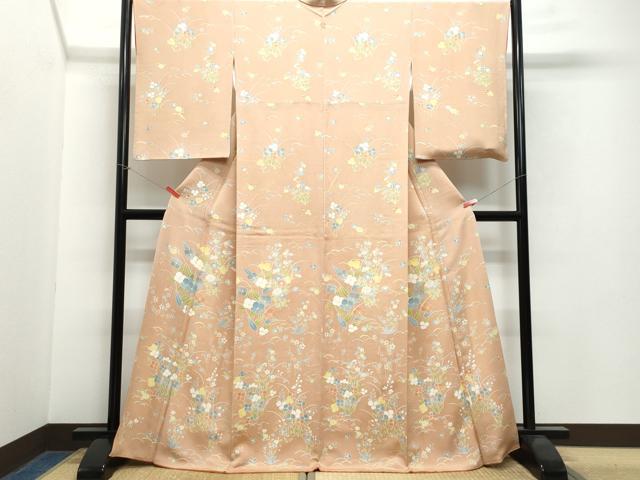 平和屋着物●訪問着　草花文　鬼しぼ縮緬　正絹　逸品　CAAW3921vf