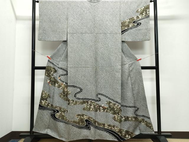 平和屋着物●訪問着　総絞り　駒刺繍　道長草花文　黒地　金銀彩　正絹　逸品　CAAW3988vf