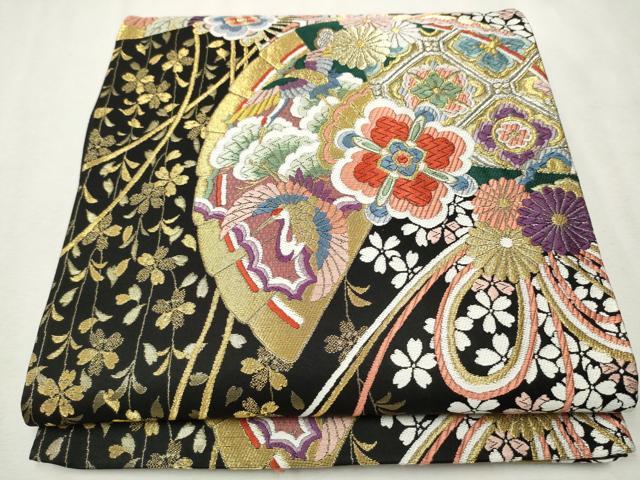 平和屋着物●六通柄袋帯　唐織　扇重ね　黒地　金銀糸　正絹　逸品　CAAW4438hy