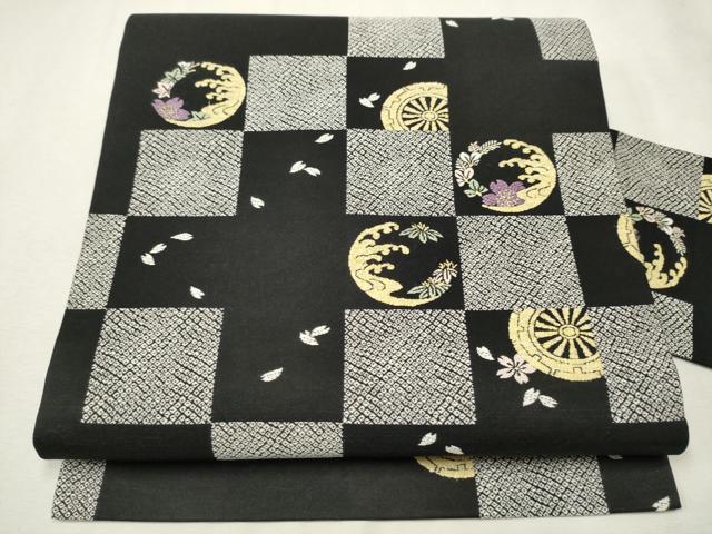 平和屋着物●九寸名古屋帯　唐織　立浪草花文　黒地　正絹　逸品　CAAW4442hy