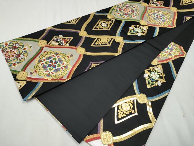 平和屋着物○六通柄袋帯 唐織 短冊草花文 黒地 金糸 正絹 逸品