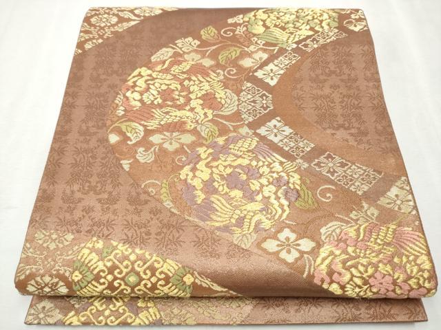 平和屋着物●日本画家　霜鳥忍の世界　彩天目織　六通柄袋帯　花鳥文　金糸　正絹　逸品　CAAW4538hy