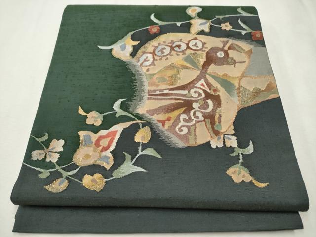 平和屋着物●太鼓柄袋帯　紬地　すくい織　更紗花鳥文　金糸　正絹　逸品　CAAW4540hy
