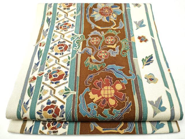 平和屋着物●九寸開き名古屋帯　型染め　吉祥花間道文　鬼しぼ縮緬　正絹　逸品　CAAW4578hy