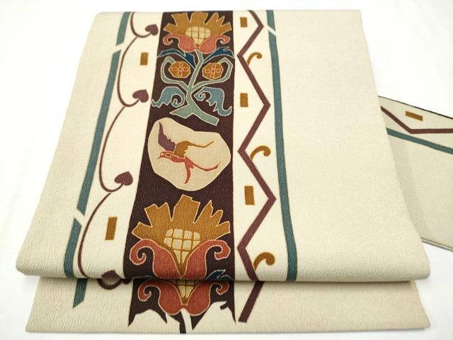 平和屋着物●全通柄　九寸名古屋帯　型染め　花蝶文　鬼しぼ縮緬　正絹　逸品　CAAW4583hy