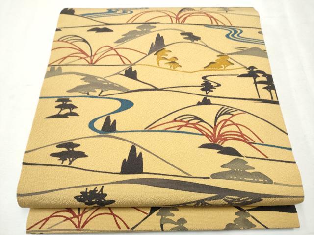 平和屋着物●九寸開き名古屋帯　型染め　風景文　正絹　逸品　CAAW4589hy