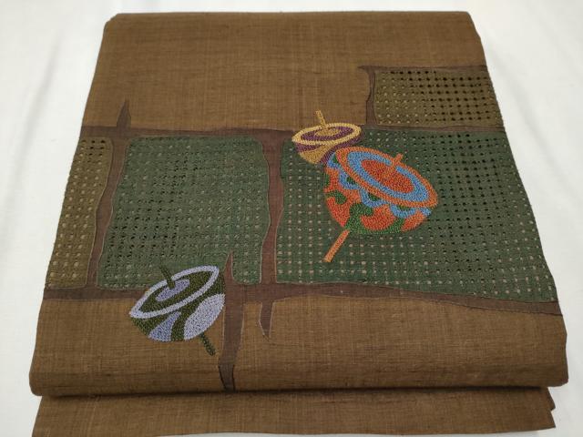平和屋着物●中国三大刺繍　スワトウ相良刺繍　総刺繍　太鼓柄袋帯　紬地　独楽　正絹　逸品　CAAW4682hy