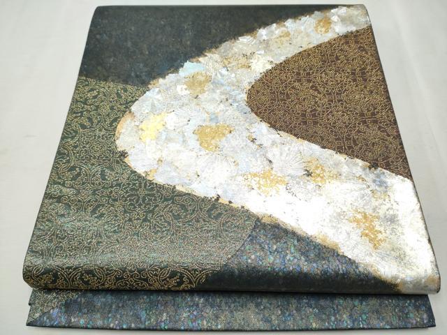 平和屋着物●金彩友禅作家　金彩の魔術師　堀省平　金煌織　太鼓柄袋帯　流水狩猟花文　金銀彩　引箔　正絹　逸品　CAAW4784hy