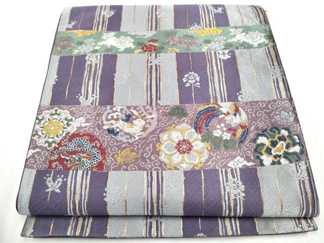 平和屋着物●六通柄袋帯　動物横段花文　金糸　正絹　逸品　CAAW4787hy