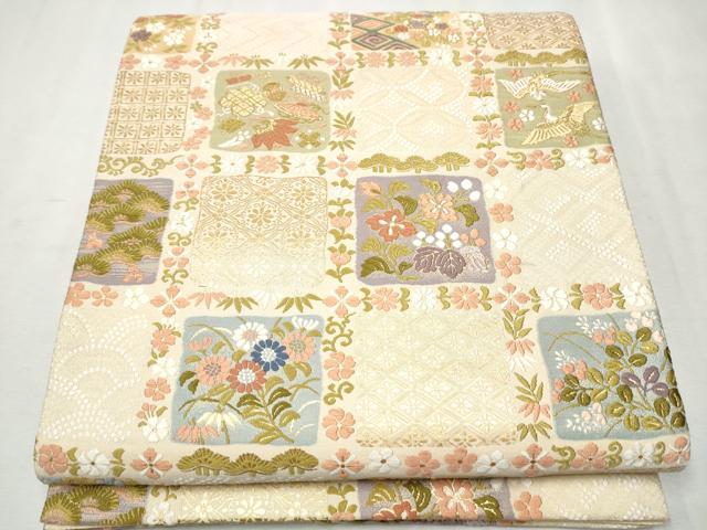 平和屋着物●六通柄袋帯　唐織　市松吉祥花文　金糸　正絹　逸品　CAAW4800hy