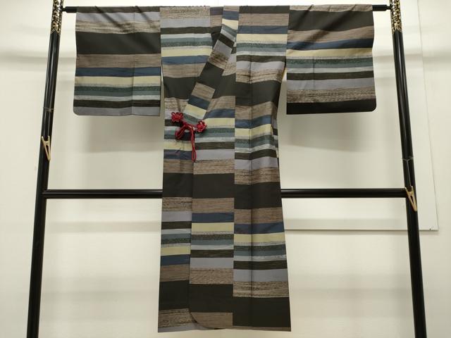 平和屋着物＃道中着　単衣　横段文　ロング丈　正絹　逸品　CAAW4818dy