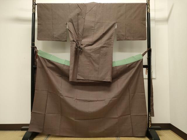 平和屋着物＃道中着　二部式　単衣　紬地　縞　ロング丈　正絹　逸品　CAAW4859dy