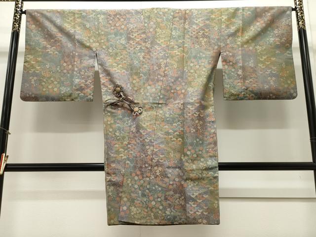 平和屋着物＃道中着　お召地　流水草花文　暈し染め　ロング丈　正絹　逸品　CAAW4978dy