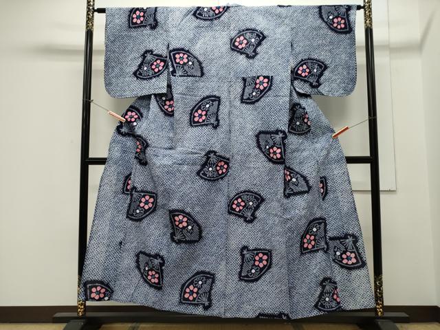 平和屋着物∴夏物　浴衣　有松鳴海絞り　扇面花文　綿　逸品　CAAW5102dy