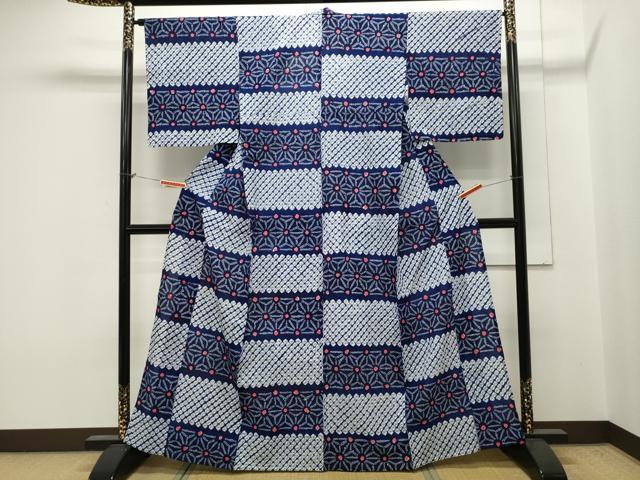 平和屋着物∴夏物　浴衣　有松鳴海絞り　横段麻の葉文様　綿　逸品　CAAW5141dy