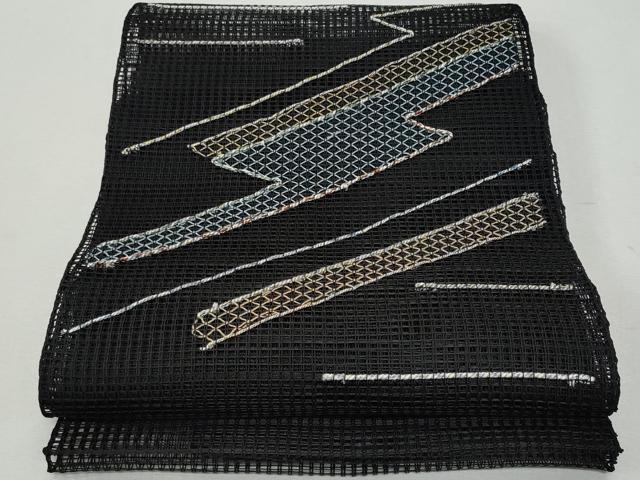 平和屋着物＊夏物　八寸名古屋帯　羅　幾何学文　黒地　銀糸　正絹　逸品　CAAW5474fb