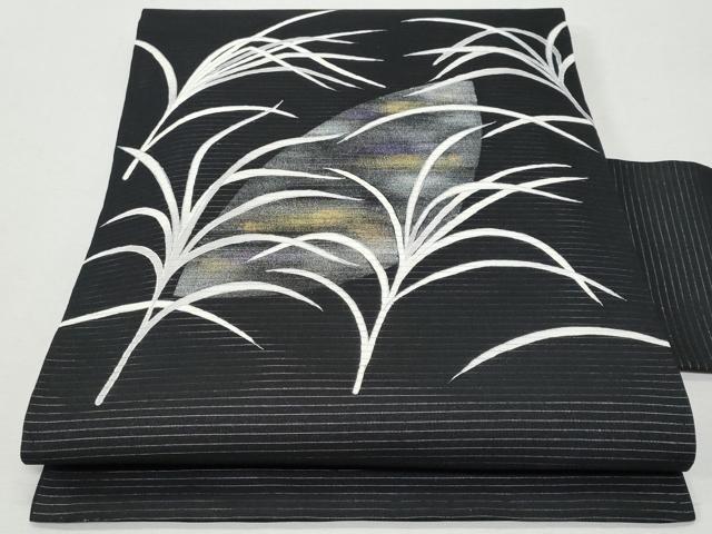 平和屋着物＊夏物　塩瀬　九寸名古屋帯　草木文　黒地　金銀彩　正絹　逸品　CAAW5490fb