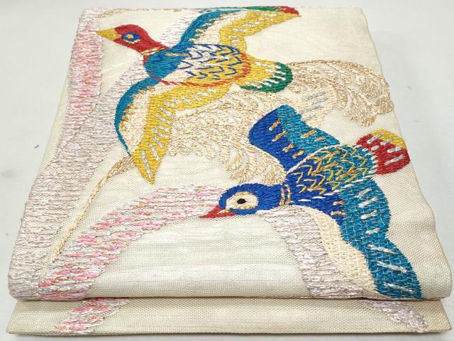 平和屋着物＊夏物　アンティーク　大正ロマン　九寸名古屋帯　引き抜き帯　総刺繍　飛鳥文　金銀糸　正絹　逸品　CAAW5575fb