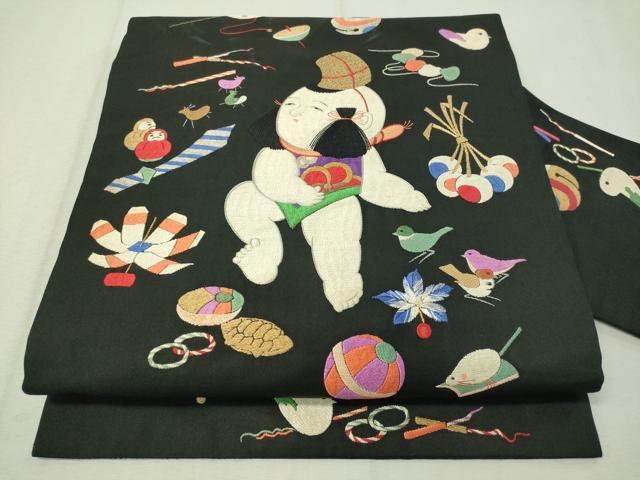 平和屋着物●アンティーク　大正ロマン　総刺繍　九寸名古屋帯　唐子遊び　黒地　金銀糸　正絹　逸品　CAAW5673vp