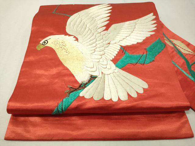 平和屋着物●アンティーク　大正ロマン　総刺繍　九寸名古屋帯　鷹　金糸　正絹　逸品　CAAW5857vp