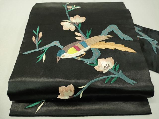 平和屋着物●アンティーク　大正ロマン　総刺繍　九寸名古屋帯　休み鳥　陵金　黒地　正絹　逸品　CAAW5863vp