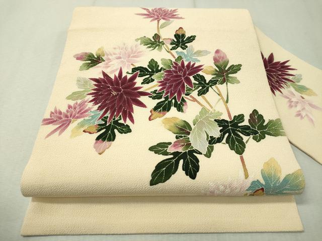 平和屋着物●九寸名古屋帯　型染め　枝菊　金彩　鬼しぼ縮緬　正絹　逸品　CAAW5867vp