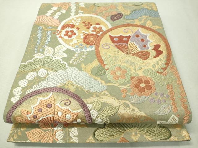 平和屋着物●六通柄袋帯　本綴唐織　舞蝶花松丸文　金通し地　正絹　逸品　CAAW5876vp