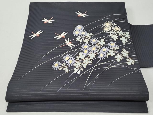 平和屋着物＊夏物　塩瀬　九寸名古屋帯　駒刺繍　蜻蛉　枝花文　金銀彩　正絹　逸品　CAAW6894fb