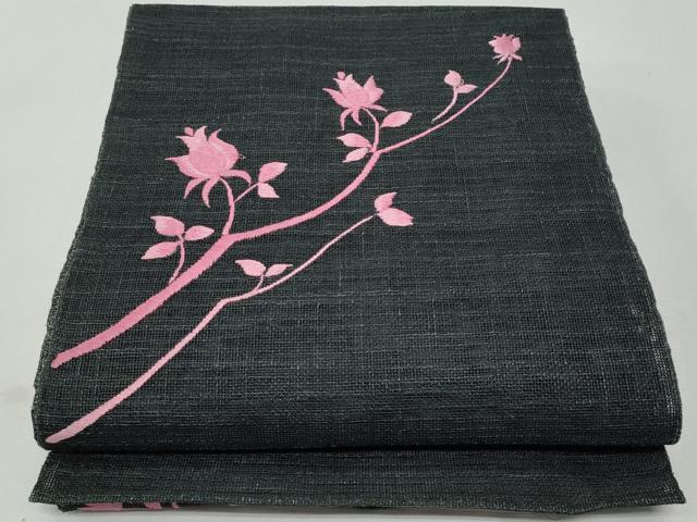 平和屋着物＊夏物　八寸名古屋帯　総刺繍　枝花文　黒地　CAAW6921fb